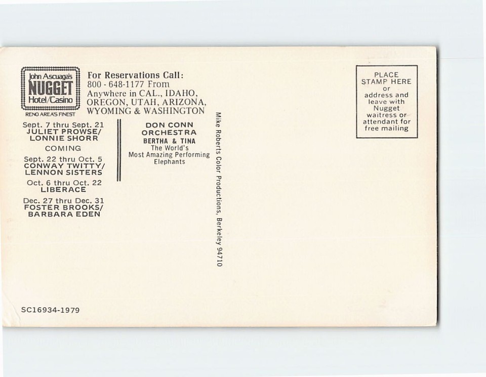 Postcard Juliet Prowse & Lonnie Shorr John Ascuaga's Nugget Hotel ...