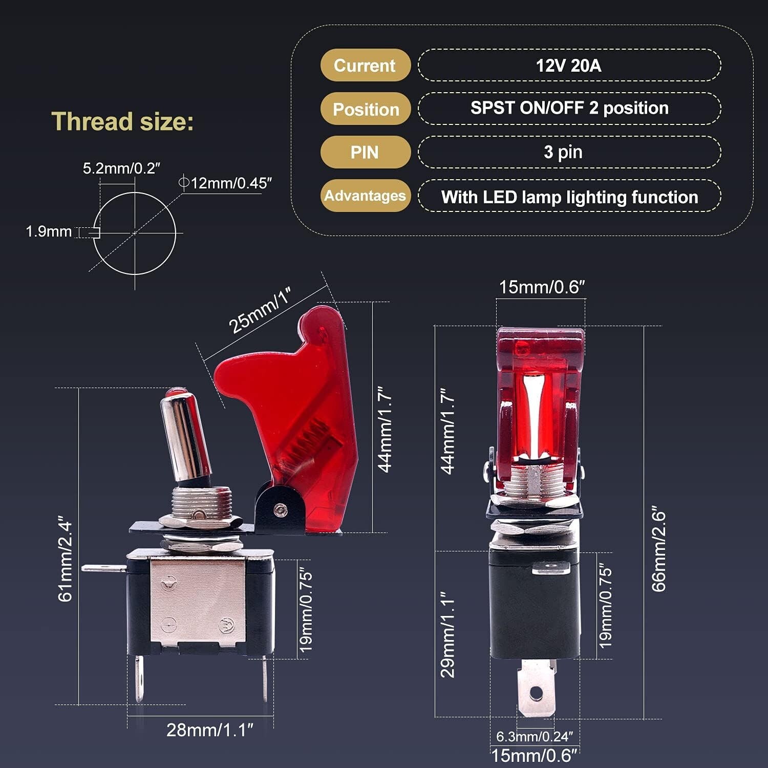 Red 12V LED Toggle Switch with Safety Cover - 2 Pack Heavy Duty | eBay