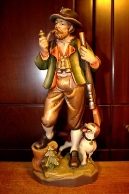 14" HAND CARVED WOOD HUNTER HUNTSMAN HUNTING RIFLE DOG STATUE FIGURE ...