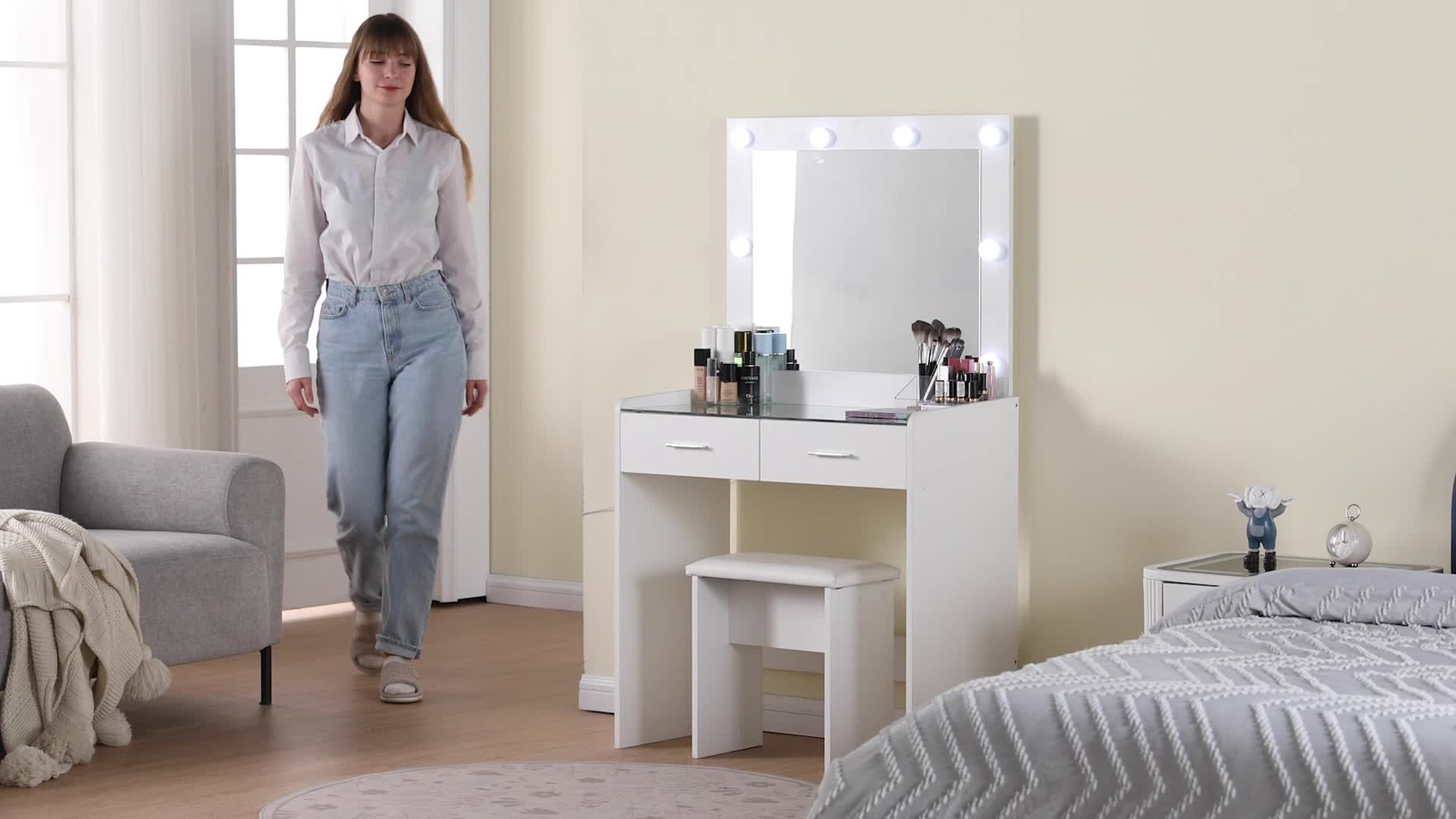 LED Dressing Table Makeup Desk with Stool Mirror Bedroom Vanity Set ...