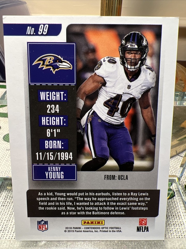 2018 Panini Contenders Optic Rookie Ticket Kenny Young #99 Raven's ...