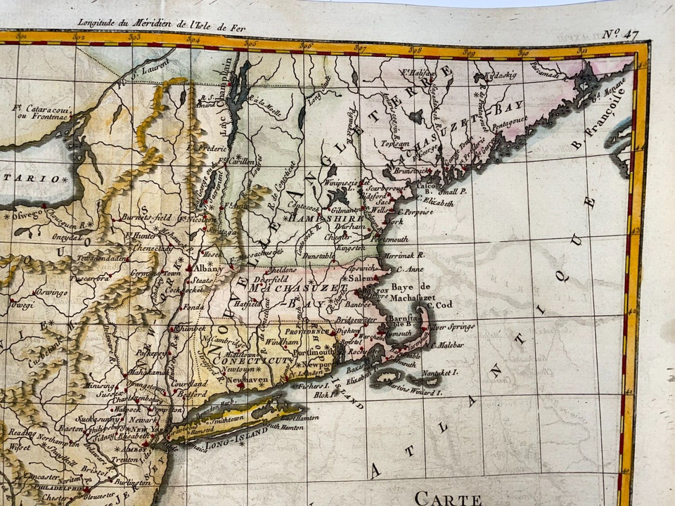 NORTHEAST UNITED STATES 1780 RIGOBERT BONNE ANTIQUE ENGRAVED MAP 18TH ...
