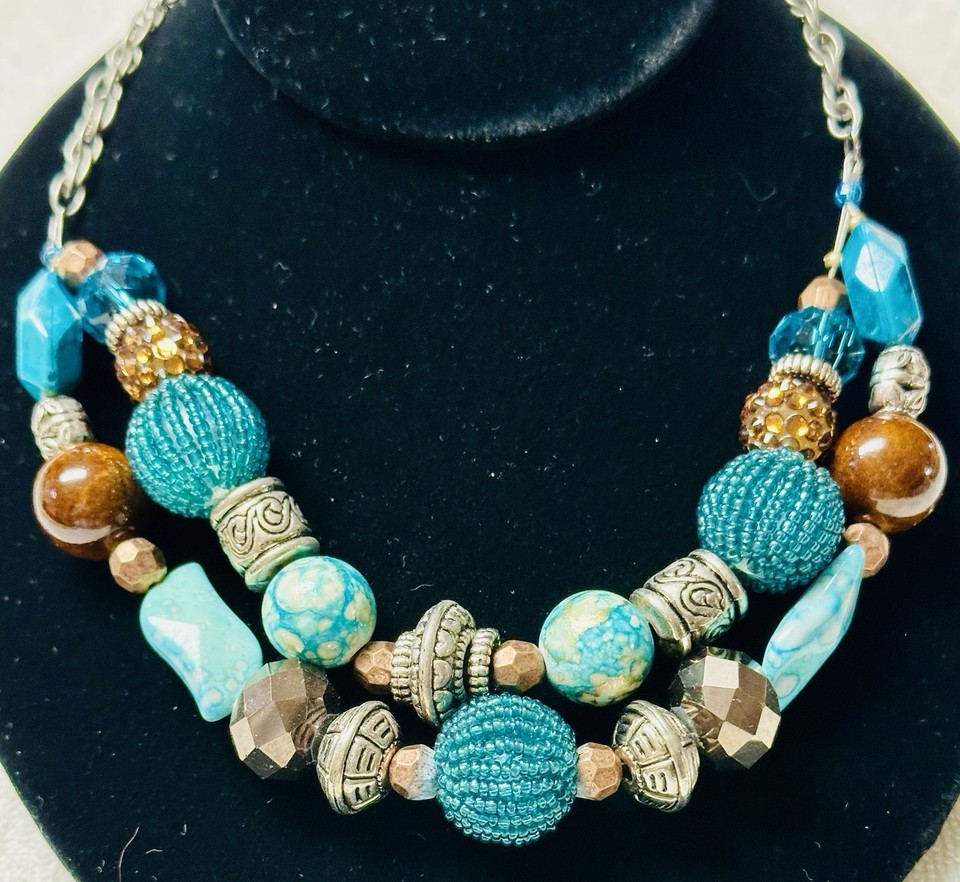 Blue Bronze Silver Tone Chunky Bead Layered Necklace n811 | eBay