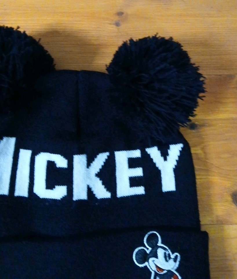Disney Mickey Mouse Black Beanie with Pom Pom Ears Embroidered Mickey ...