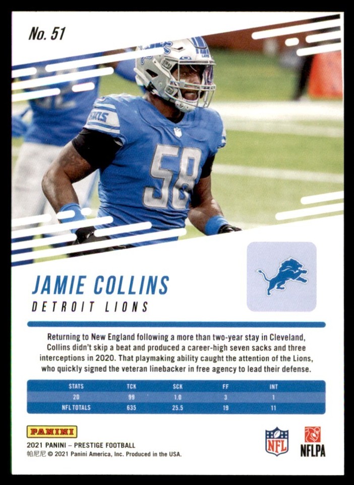 2021 Panini Prestige Jamie Collins Detroit Lions #51 Base | eBay
