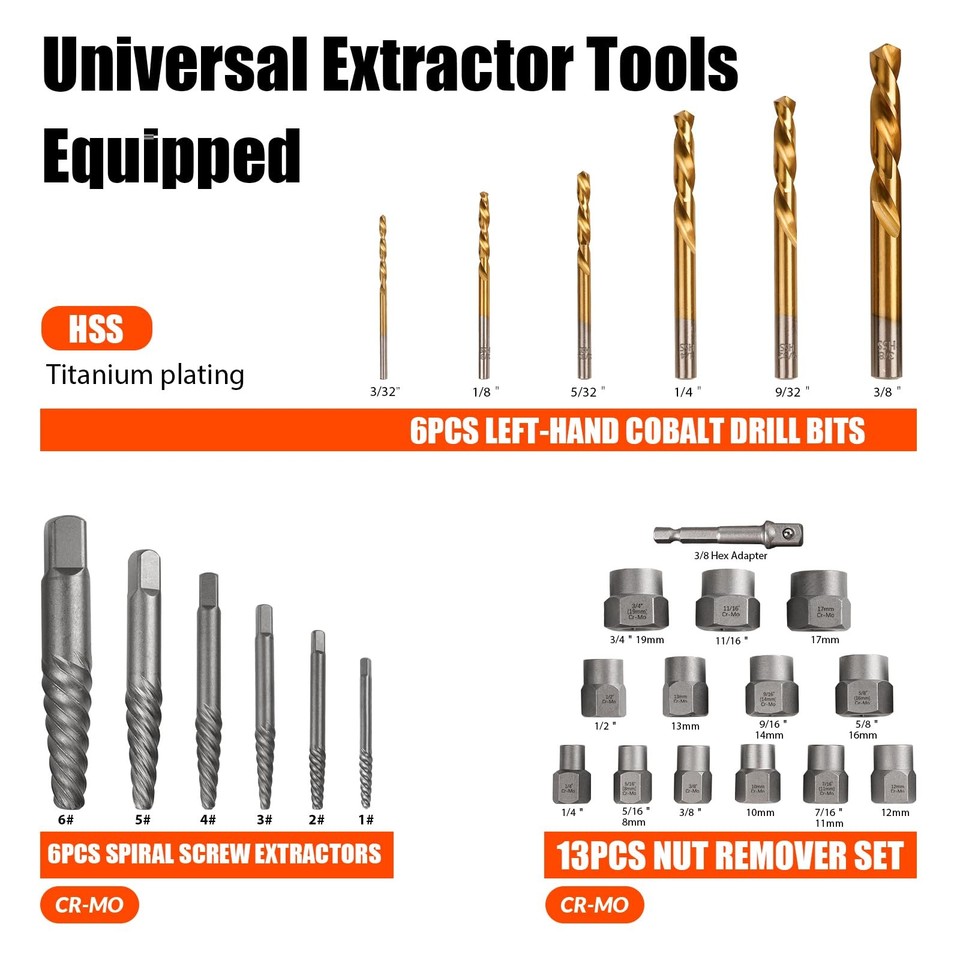 26Pcs Bolt Extractor Kit and Left Handed Drill Bit, Easy Out Screw ...