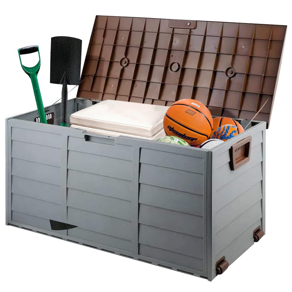 BROWN OUTDOOR GARDEN PLASTIC STORAGE SEAT UTILITY CHEST CUSHION SHED ...