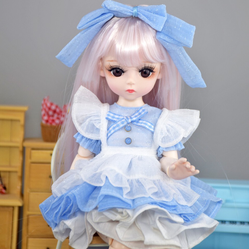 BJD Doll Handmade 1/6 SD Dolls Pink Straight Hair Blue Dress Gifts ...