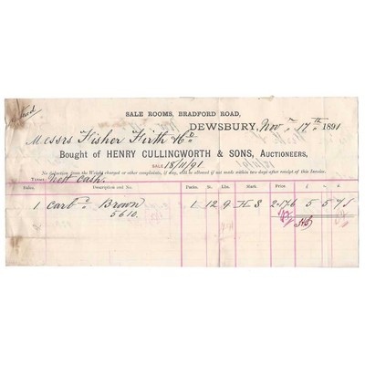 1891 Billhead, Henry Cullingworth & Sons, Auctioneers, Bradford Rd ...