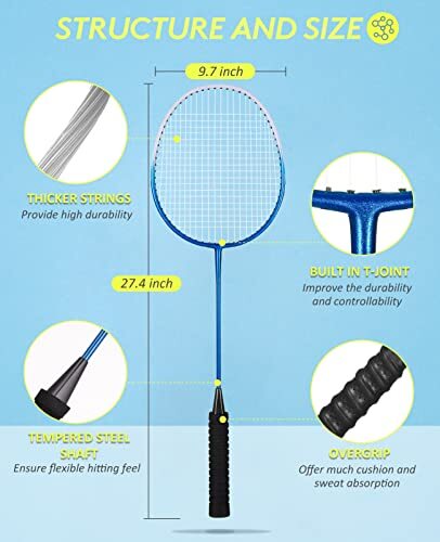 Badminton Rackets Set of 4 for Outdoor Backyard Games, Including 4 Blue ...