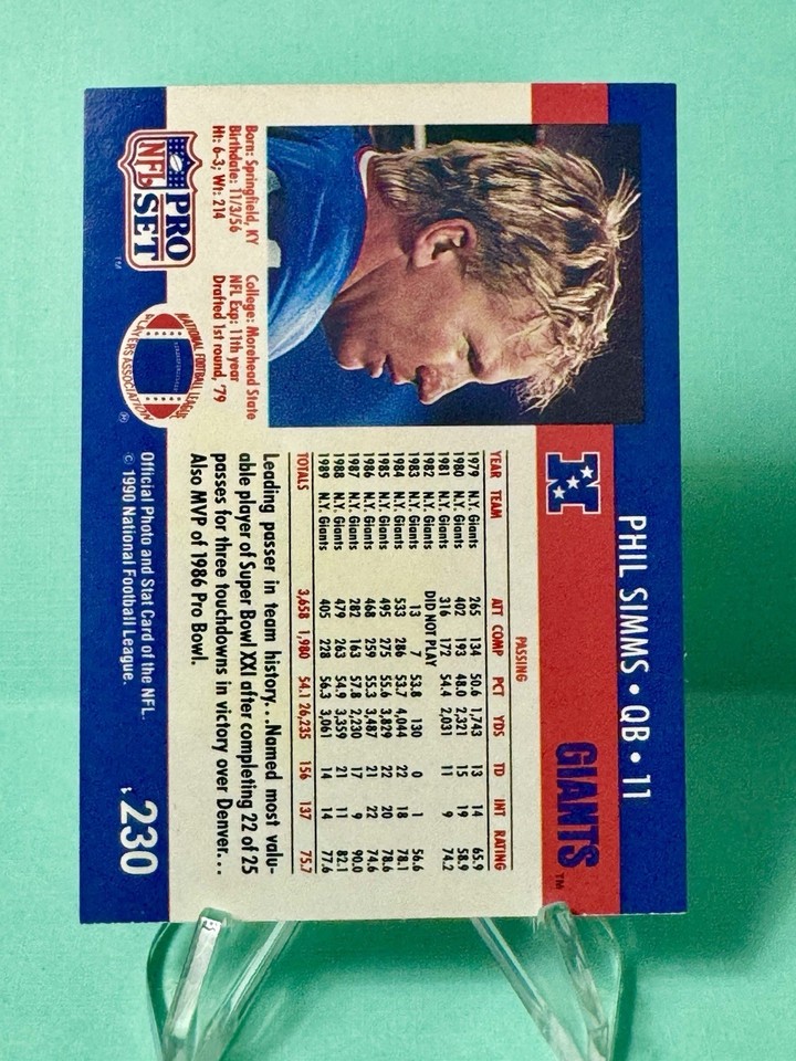 1990 Pro Set Football. PHIL SIMMS #230 On Card Autographed NY Giants | eBay