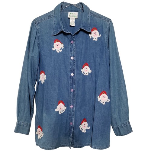 The Quacker Factory Embroidered Santa Chambray Shirt Womens Sz Medium ...