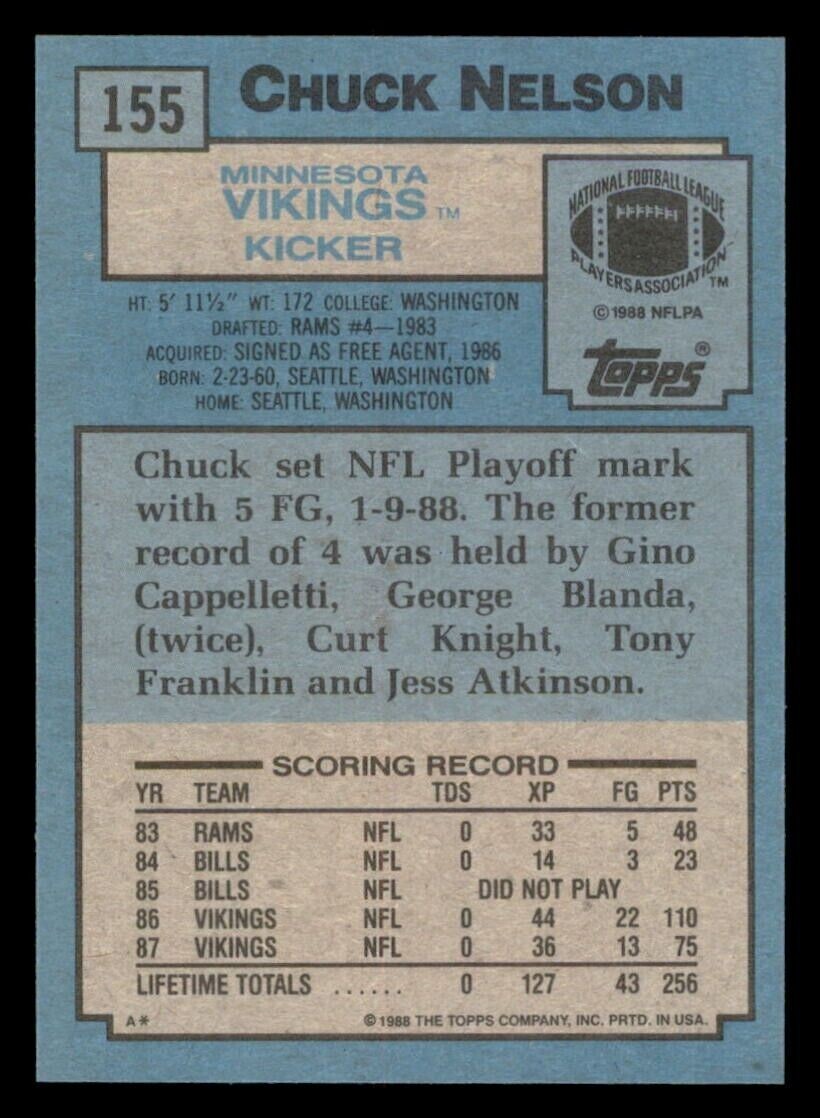 1988 TOPPS NFL Football Trading Card #155 🏈 CHUCK NELSON, Minnesota ...