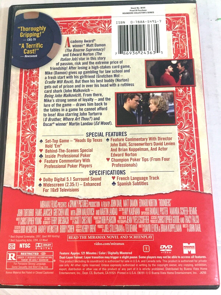 Rounders Matt Damon Edward Norton DVD Ships Free Same Day With Tracking ...