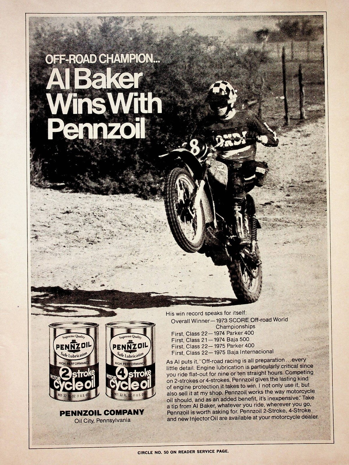 1975 Al Baker Motorcycle Racing Champ Pennzoil Oil - Vintage Ad | eBay
