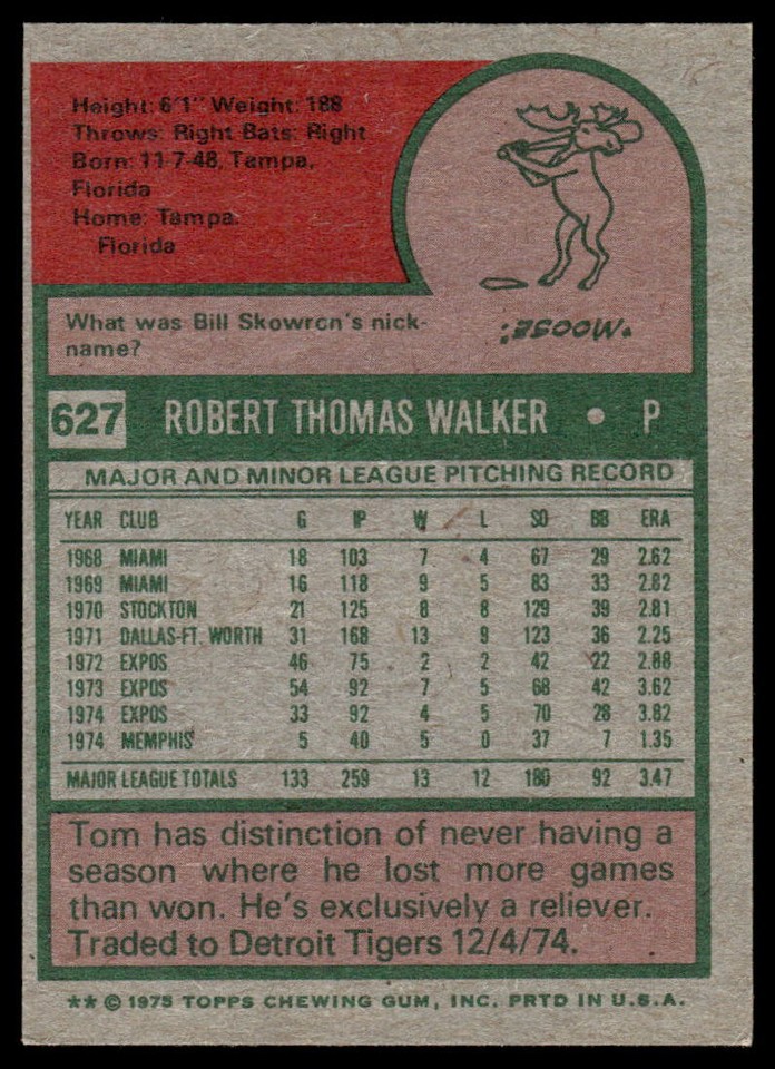 1975 Topps Tom Walker #627 Montreal Expos Baseball Card | eBay