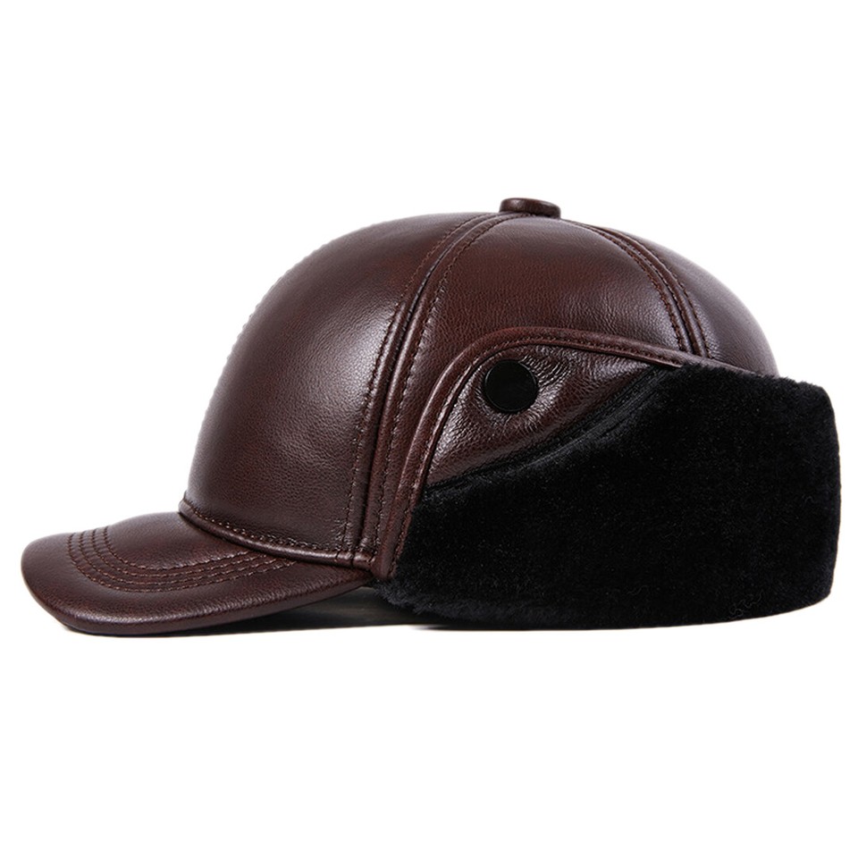 100% Genuine Leather Bomber Trapper Baseball Cap Ushanka Hunting Ear ...