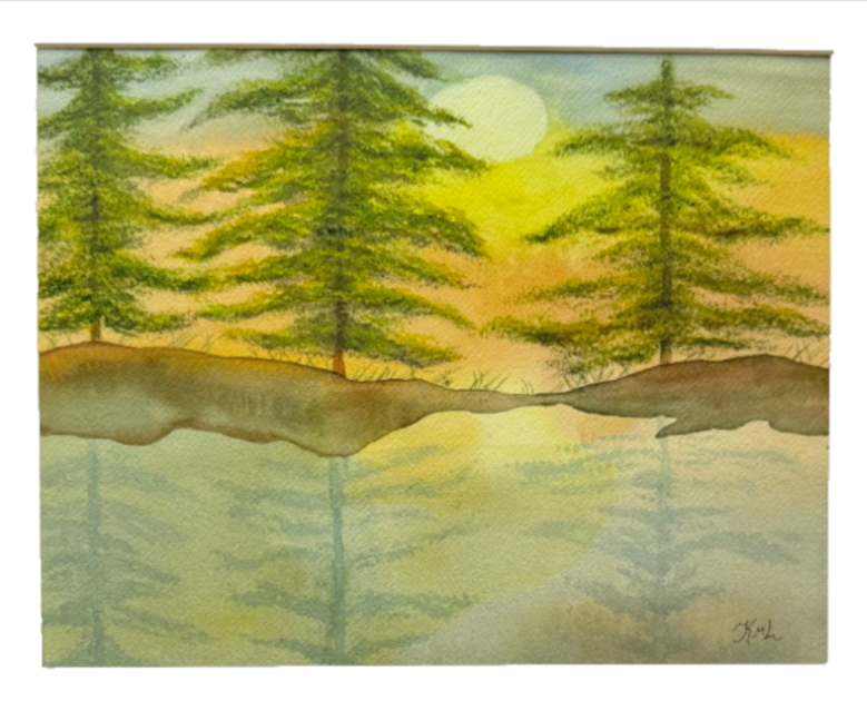 PAINTING WATERCOLOR SUNSET TREE POND LANDSCAPE GREEN YELLOW BLUE 11X14 ...