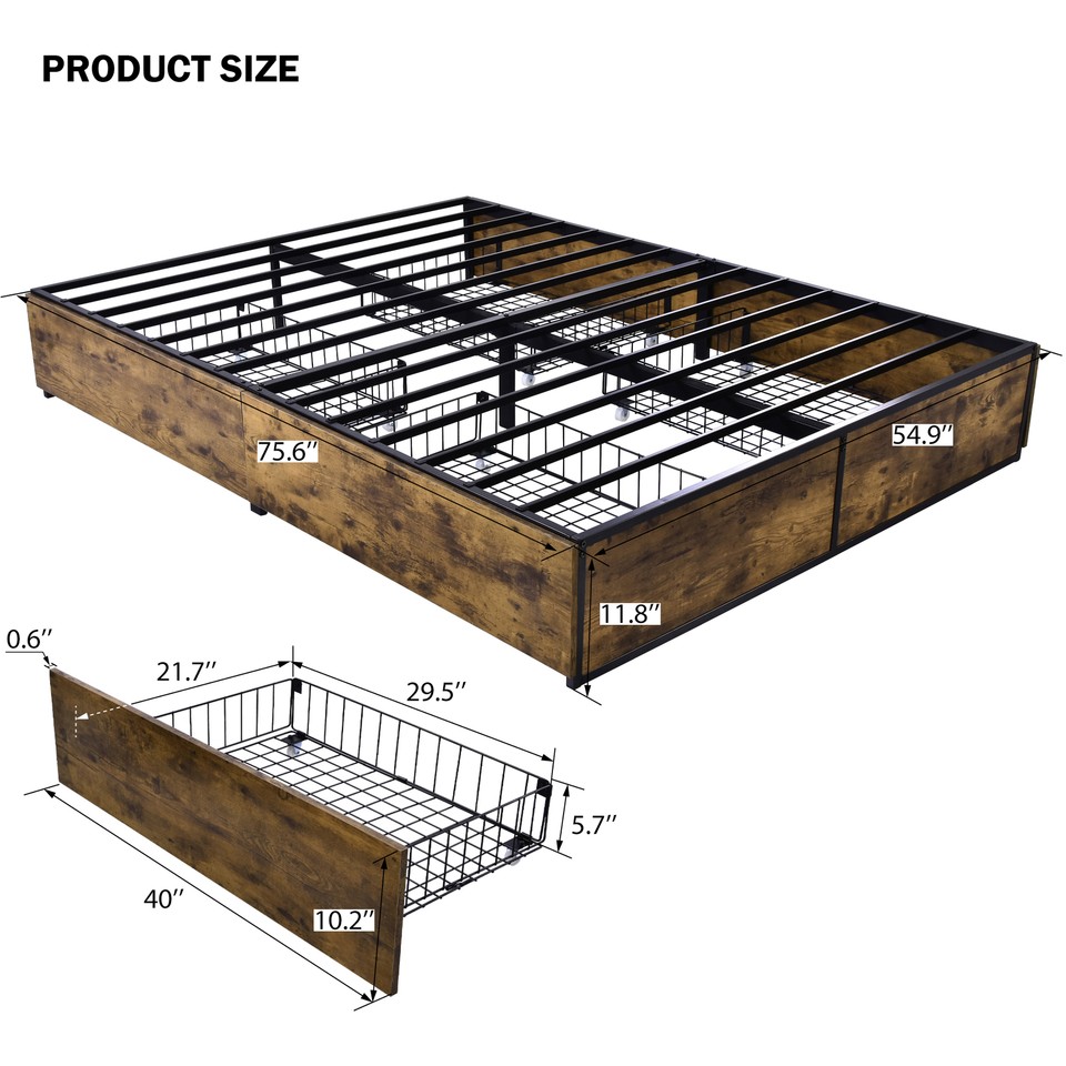 Full Size Metal Frame Bed with 4 XL Light Drawers, Large Storage Space ...