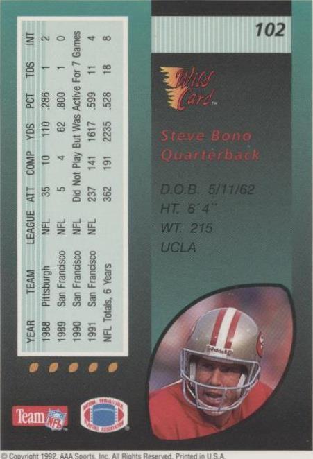 1992 Wild Card Steve Bono #102 for sale | eBay