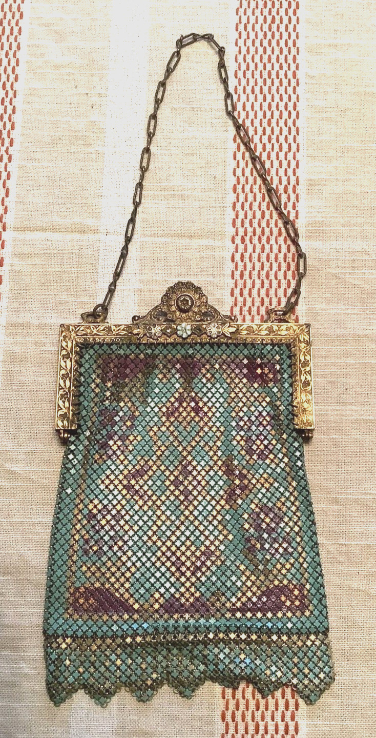 ANTIQUE MANDALIAN ENAMELED METAL MESH FLAPPER PURSE O… - Gem