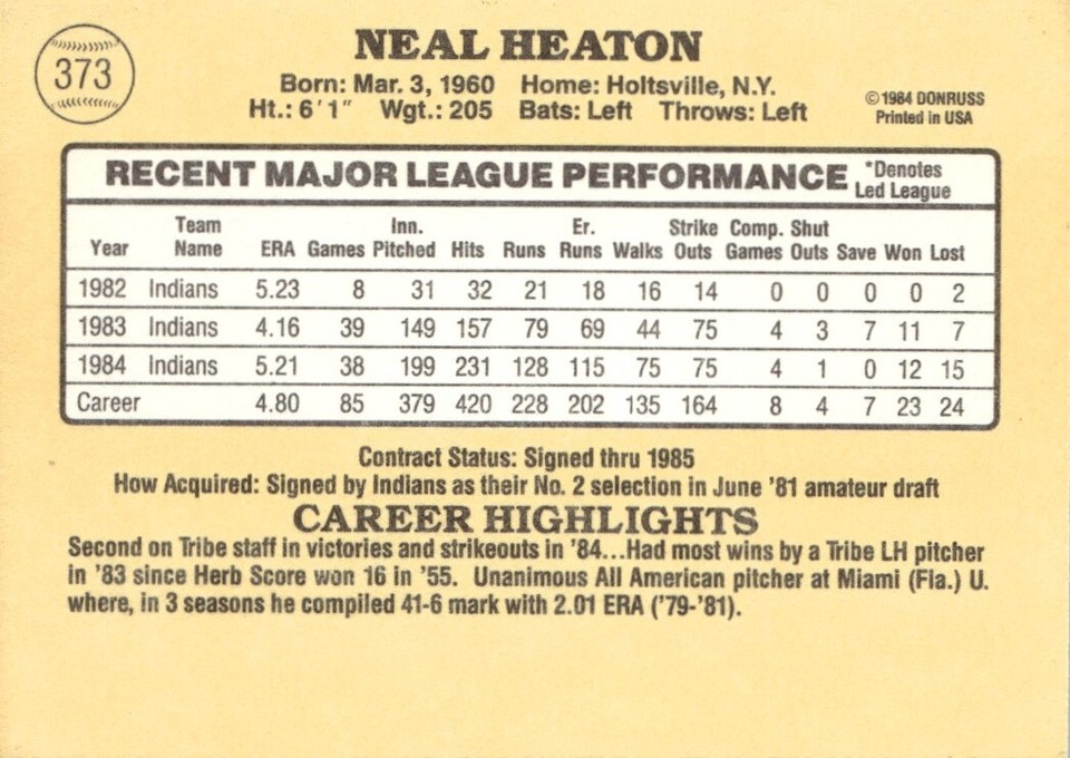1984 Donruss #373 Neal Heaton Rookie Cleveland Indians | eBay