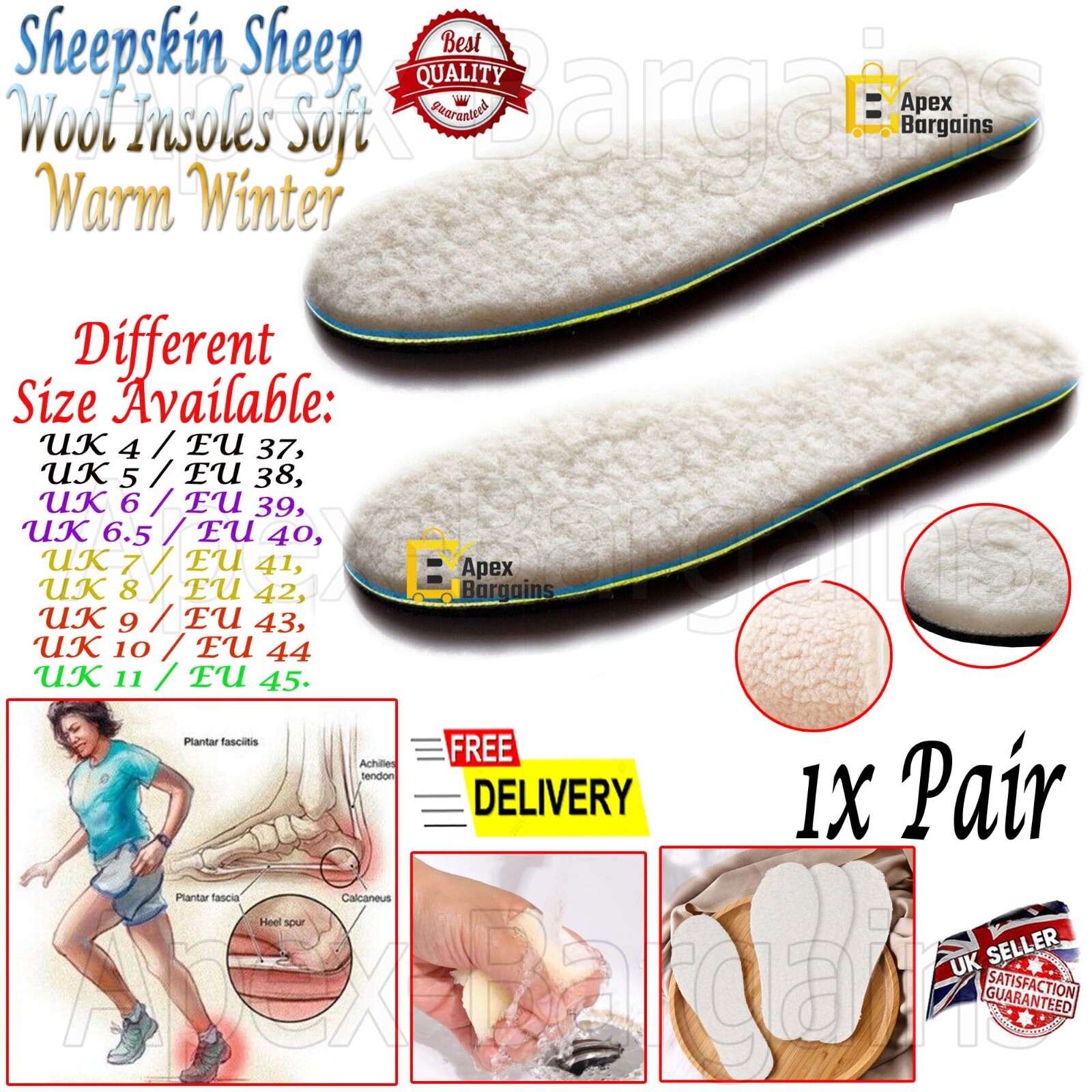 Pair Sheepskin Sheep Wool Insoles Soft Warm Winter Thick Inner Soles ...