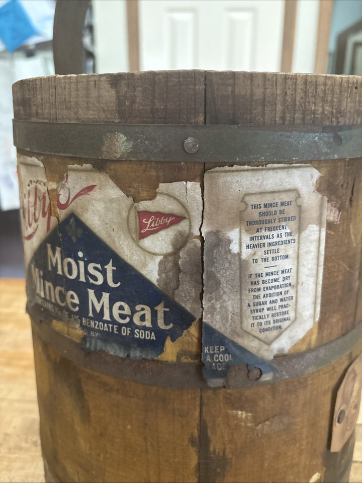 Rare Antique Primitive Libbys WOODEN MINCEMEAT BUCKET Paper label Oil ...