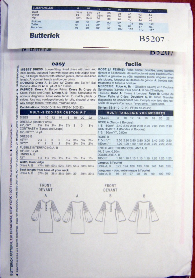 BUTTERICK PATTERN 5207 CHETTA B DESIGNS MISSES DRESS SIZE BB (8-14) | eBay