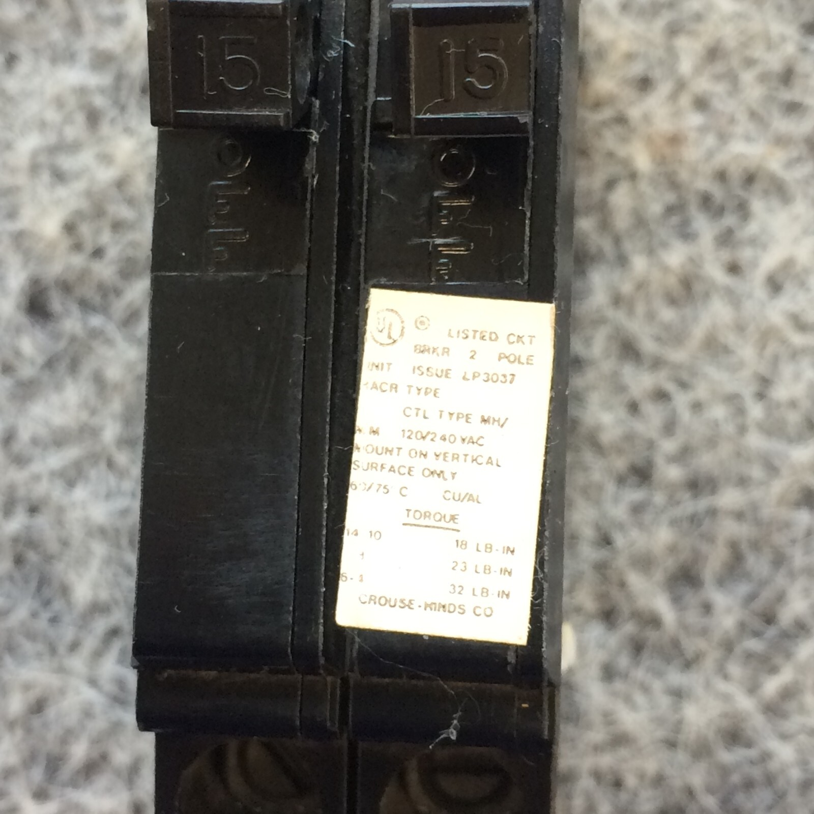 Crouse Hinds Type MP 2 Tandem Pole Circuit Breaker 15a Murray MP1515 ...