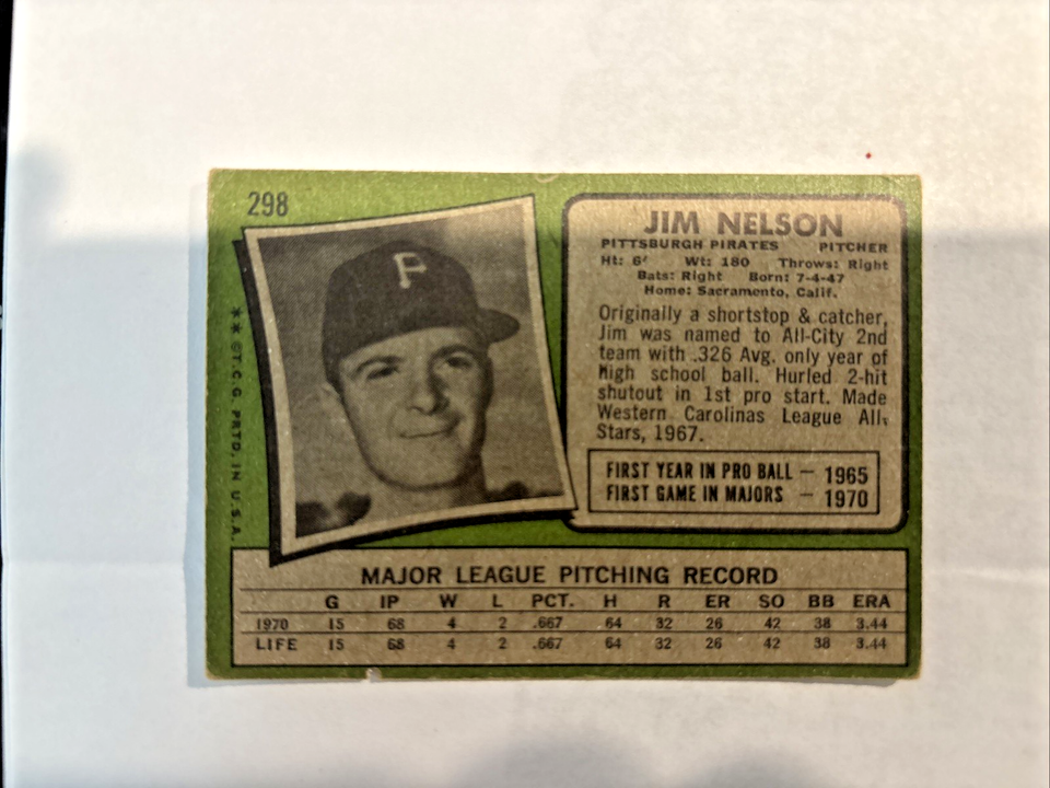 1971 Topps Baseball Jim Nelson, Pittsburgh Pirates #298 | eBay