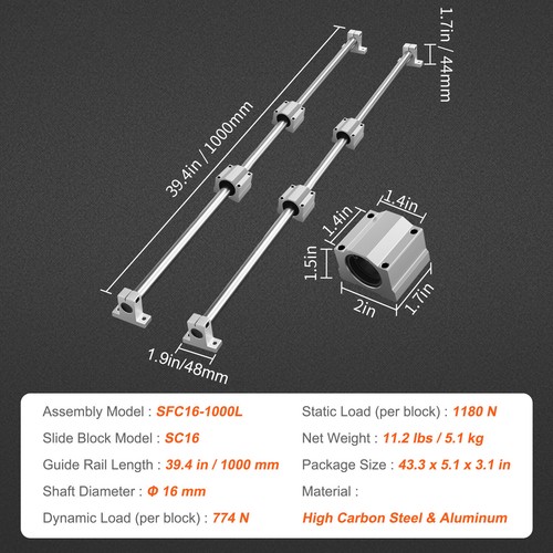 2PCS SFC16 1000mm Linear Guide 4 PCS SC16 Bearing Block 4 PCS Rail ...