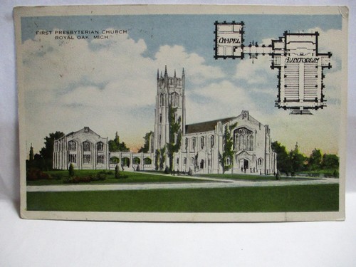WWI POSTCARD (NEW) FIRST PRESBYTERIAN CHURCH, ROYAL OAK MI W/ INTERIOR ...