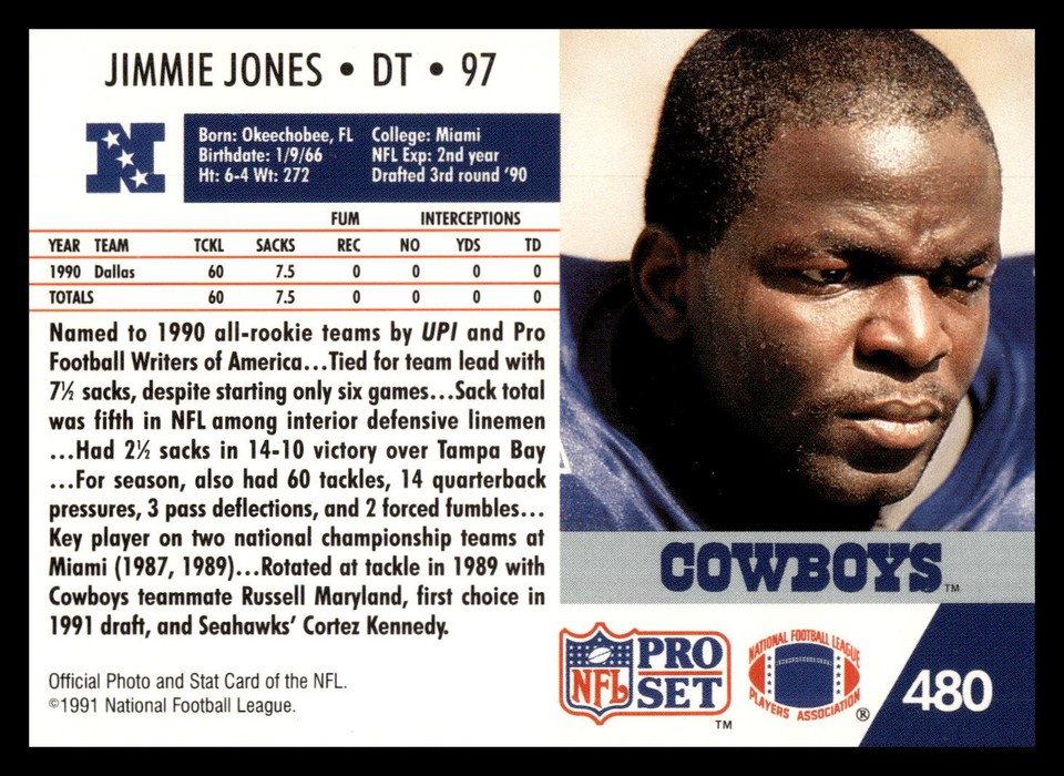 1991 Pro Set #480 Jimmie Jones Dallas Cowboys Football Card NM | eBay