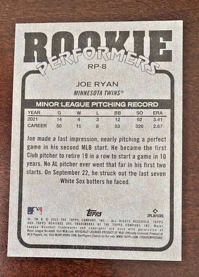 2022 Topps Heritage High # JOE RYAN ROOKIE PERFORMERS INSERT RP-8 Twins ...