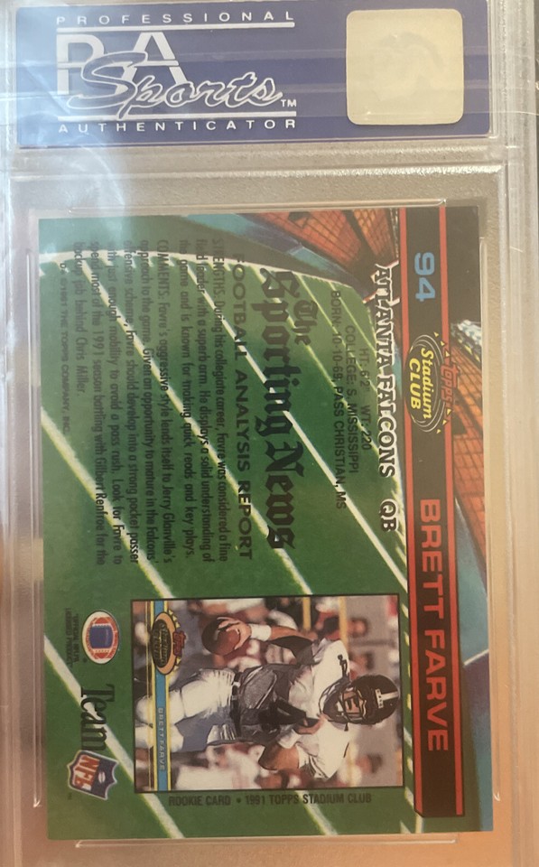 1991 Stadium Club #94 Brett Favre Atlanta Falcons RC Rookie HOF PSA 8 ...