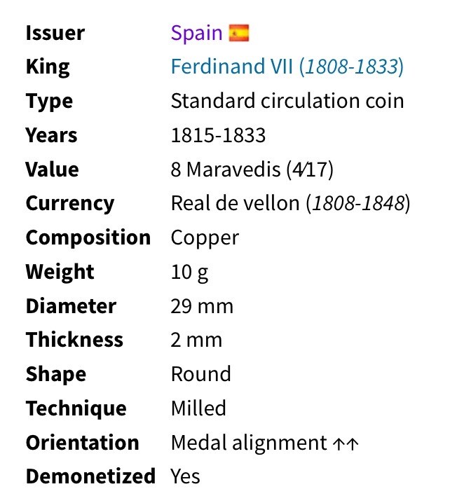 1829 Spanish 8 Maravedis Large Old Rare Coin King Ferdinand VII 192 ...
