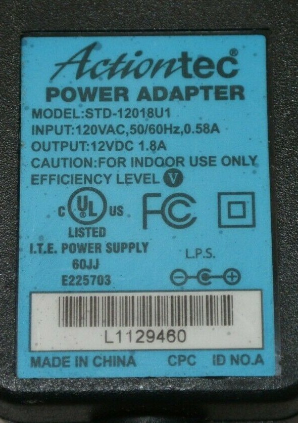 Actiontec Power Supply Adapter STD-12018U1 Output:12VDC 1.8A for ...