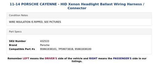 11-14 PORSCHE CAYENNE - HID Xenon Headlight Ballast Wiring Harness ...
