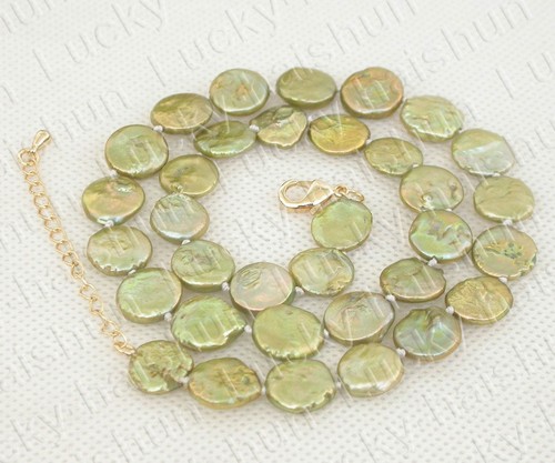 16"-18" 11mm Baroque coin fastener green freshwater pearls necklace ...