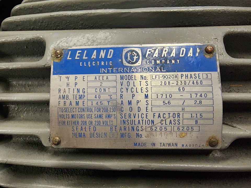 Used Leland-Faraday 2 HP 3 PH Electric Motor 145T Frame 1725 RPM Model ...