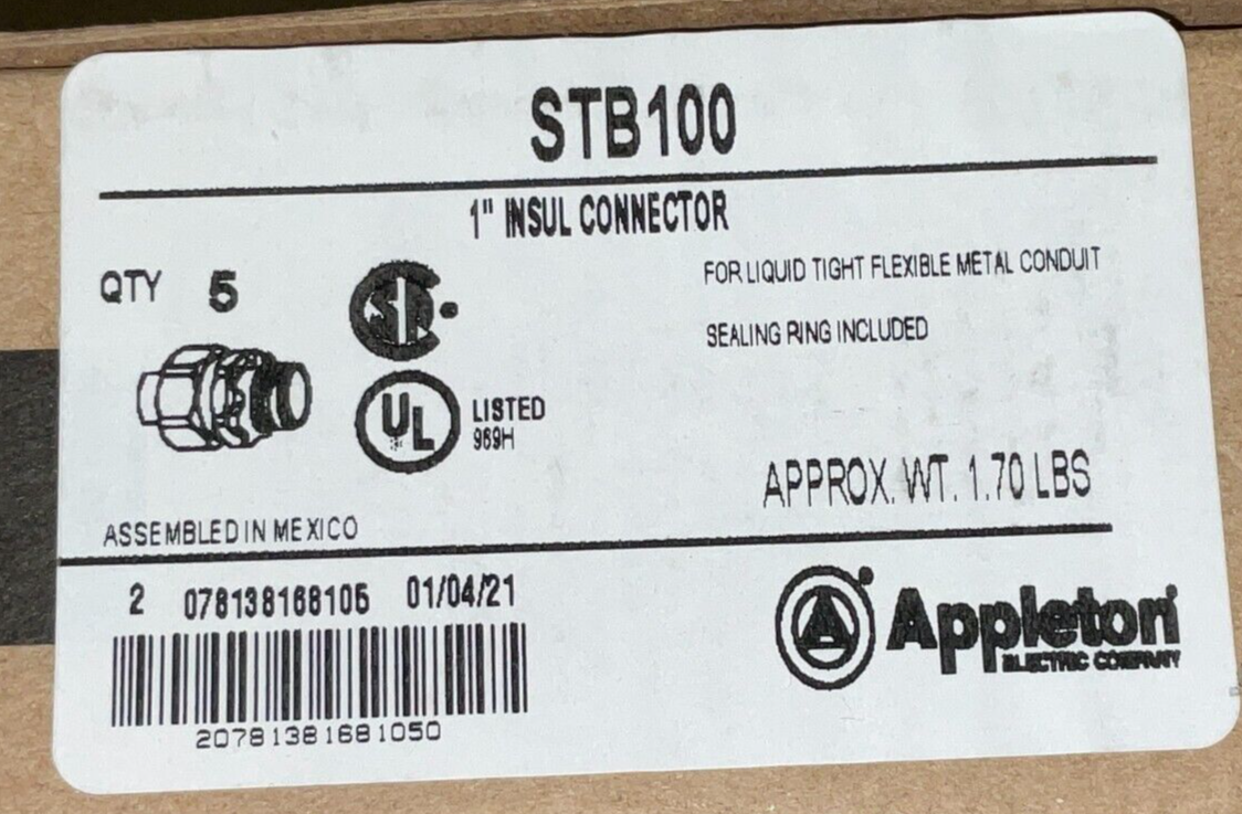 (Lot of 5) APPLETON STB-100 CONNECTOR (LIQUID TIGHT FLEXIBLE CONDUIT ...