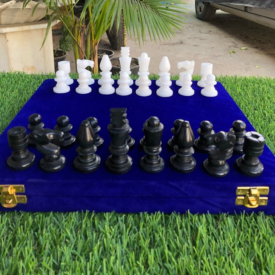 15"x15" White Marble Chess Table Top, Chess Set With Pieces, inlay Work ...