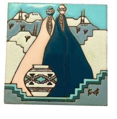 1990 Earthtones Hand Painted Ceramic Wall Tile Trivet Gail Tu-Oti Santa ...
