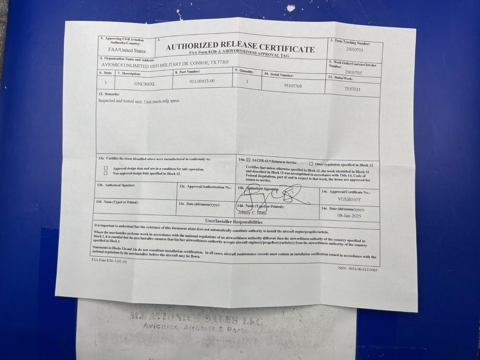 GARMIN GNC 300XL GPS/COMM 14 VDC P/N 011-00443-00 WITH FRESH FAA FORM ...