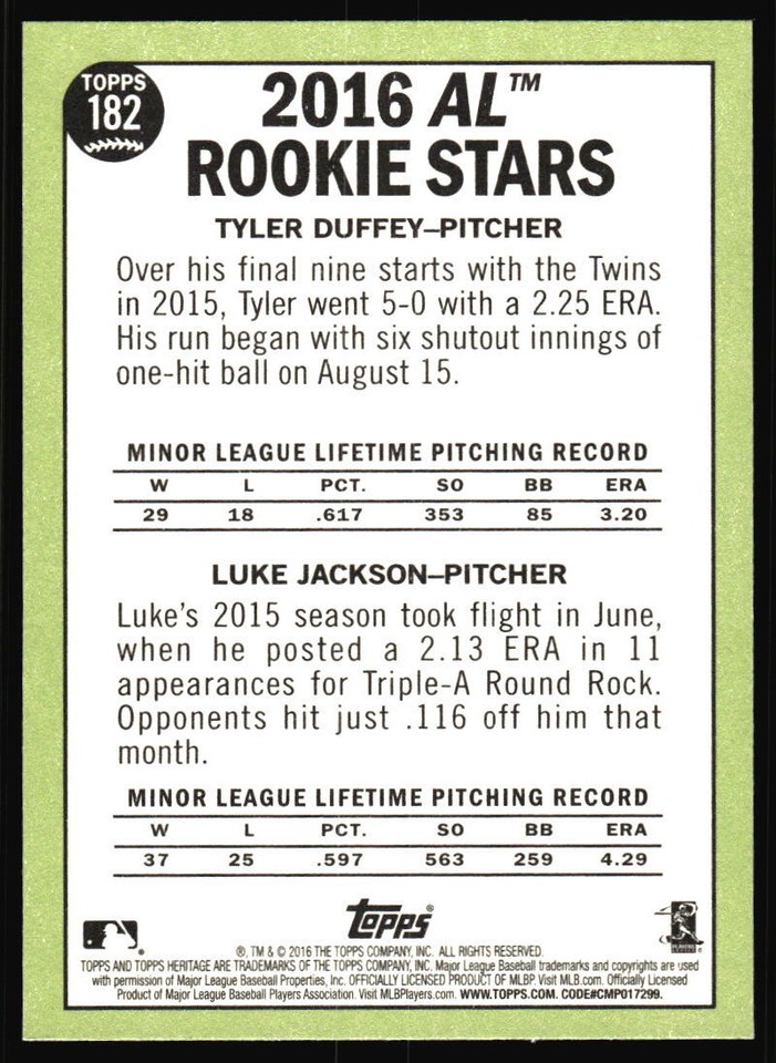 2016 Topps Heritage AL Rookie Stars Tyler Duffey / Luke Jackson #182 | eBay