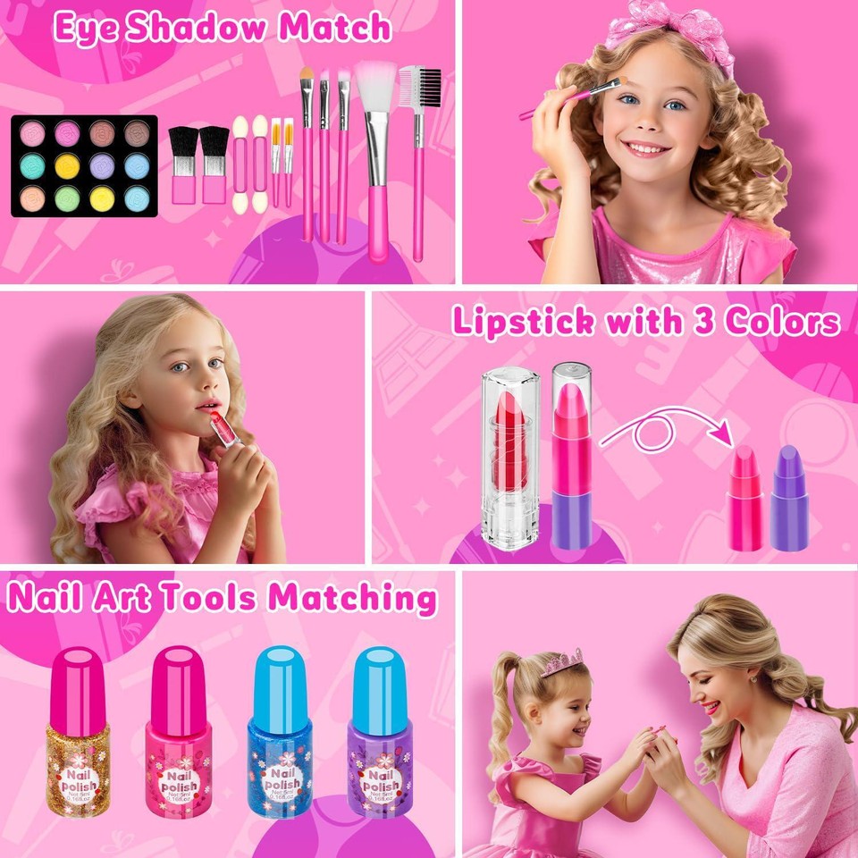 Hollyhi 58 Pcs Kids Makeup Kit For Girl, Princess Toys Real Washable ...