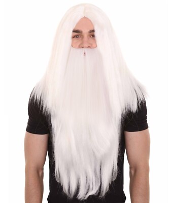Adult Men’s Fantasy Saga Wizard White Wig with Beard and Mustache Set ...