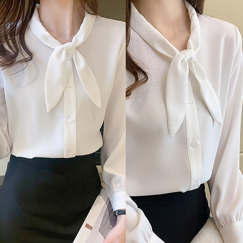 Camicetta donna elegante in chiffon con fiocco cravatta scollo per ...