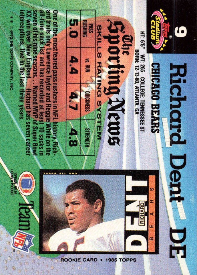 RICHARD DENT 1992 Topps Stadium Club #9 Chicago Bears DE Football Card ...